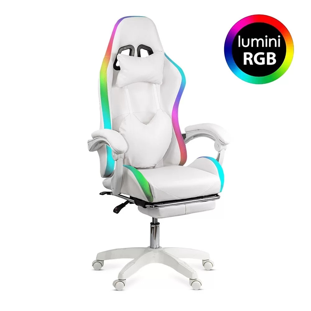 Scaun gaming de birou pentru fete, cu lumini RGB si suport picioare OFF ...