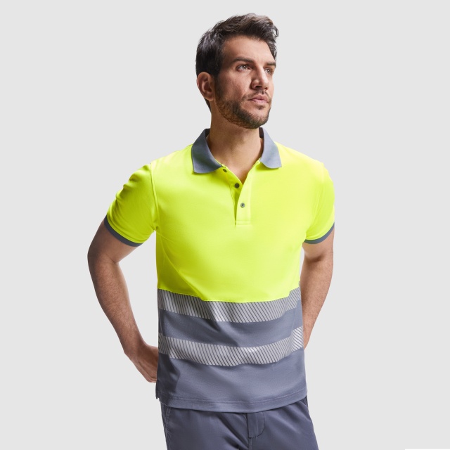 Tricou polo reflectorizant din material tehnic cu mânecă scurtă