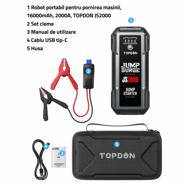 Robot portabil pentru pornirea masinii, 16000mAh, 2000A, TOPDON JS2000 ...