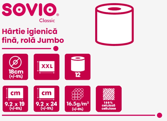 Pachet 12 buc. Hartie igienica fina, rola 500 foi, 2 straturi SOVIO Jumbo