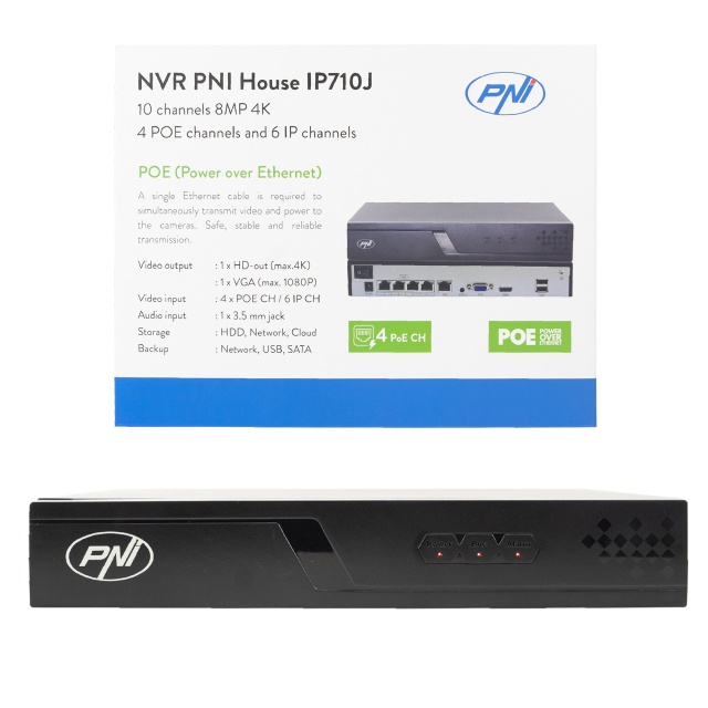 NVR POE PNI House IP710J, 10 canale 4K 8MP, 4 canale POE si 6 canale IP ...