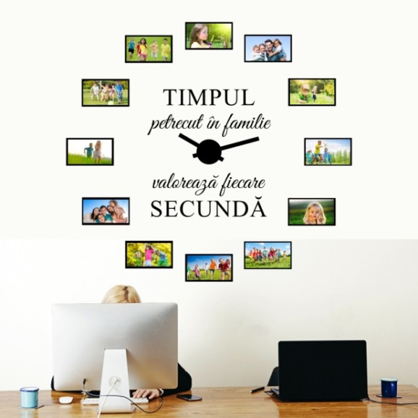 Sticker ceas Decorativ Cu Poze - Timpul Valoreaza Fiecare Secunda