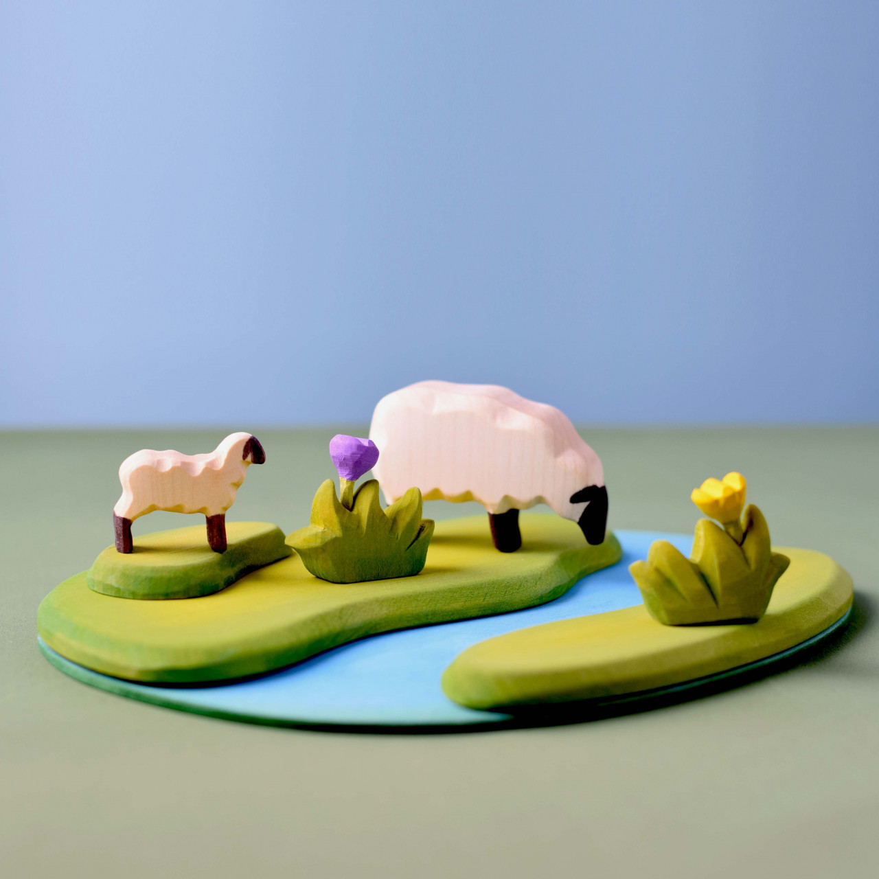 Sheep and Lamb by The River Wooden Set - Bumbutoys' Countryside Charm