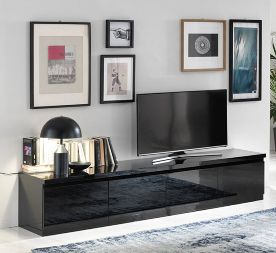 Moderne Hoogglans Zwart Tv meubel met 4 deuren 220cm