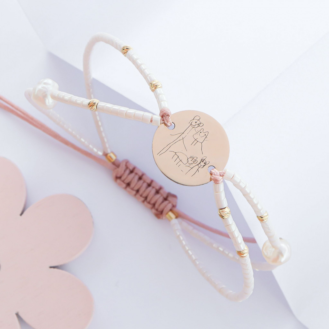 Bratara Primul Desen cu banut 12mm din aur 14k si margele miyuki + 6 bilute