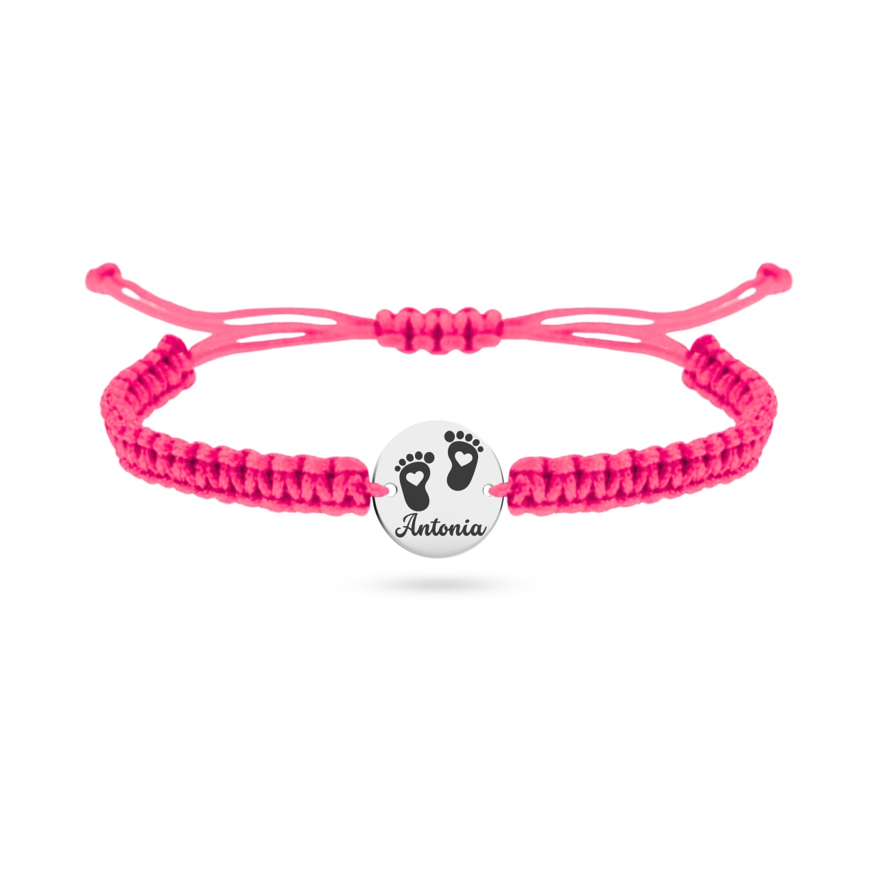 Bratara cu snur si banut 12mm din argint gravat nume si talpite bebe