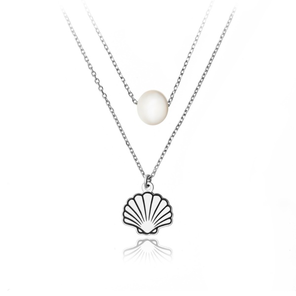 Colier Dublu cu Perla si Scoica din Argint 925
