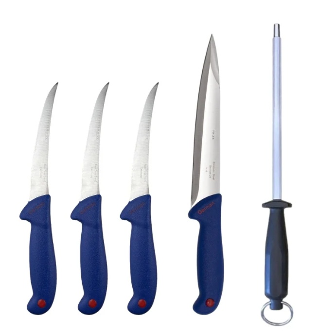 Set 4 cutite profesionale de macelarie plus pila ascutit rotunda