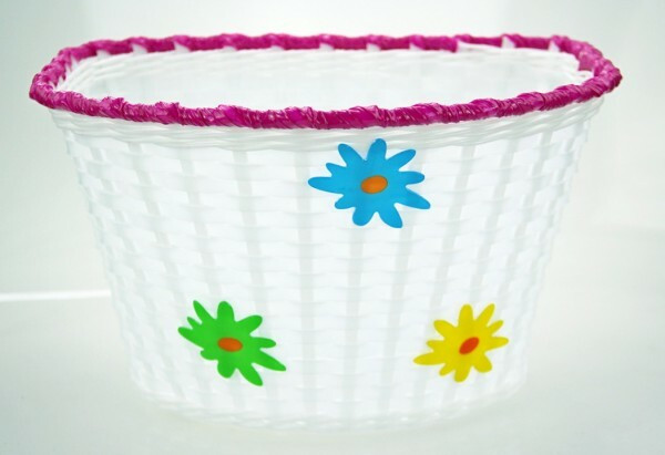 Cos fata plastic ptr.bicicleta copii, alb/mov si floricele, A646