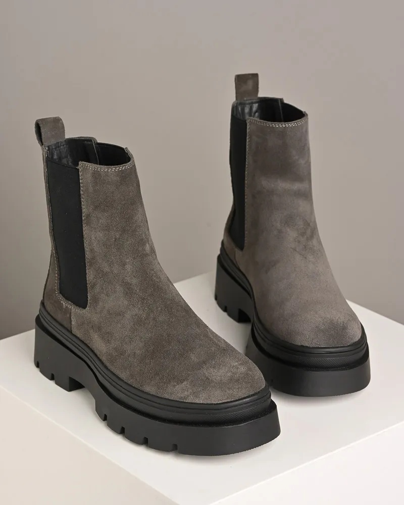 Ženske kožne poluduboke čizme ravne KA3512 sive