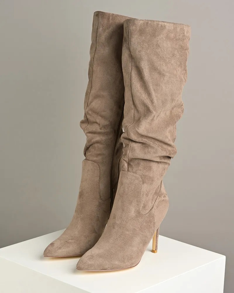 Ženske duboke čizme na tanku štiklu od eko velura A1281 drap