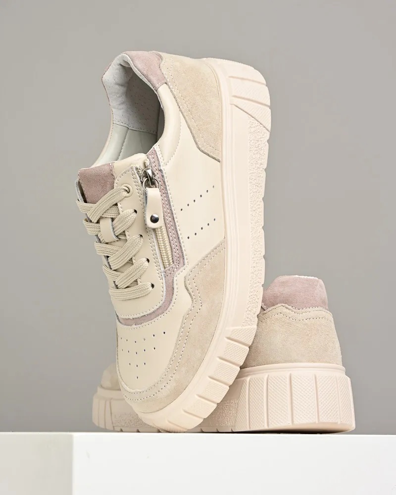 Kožne ženske patike na pertlanje 4119-1 bež