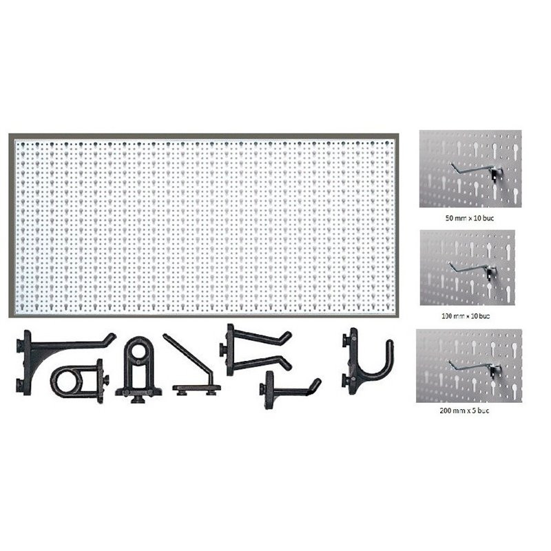 Panou perforat orizontal alb, 1000x500mm cu set 65 carlige