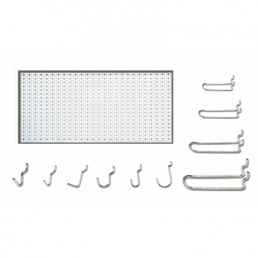 Panou perforat orizontal de 1000x500mm alb cu set de 60 carlige metalice