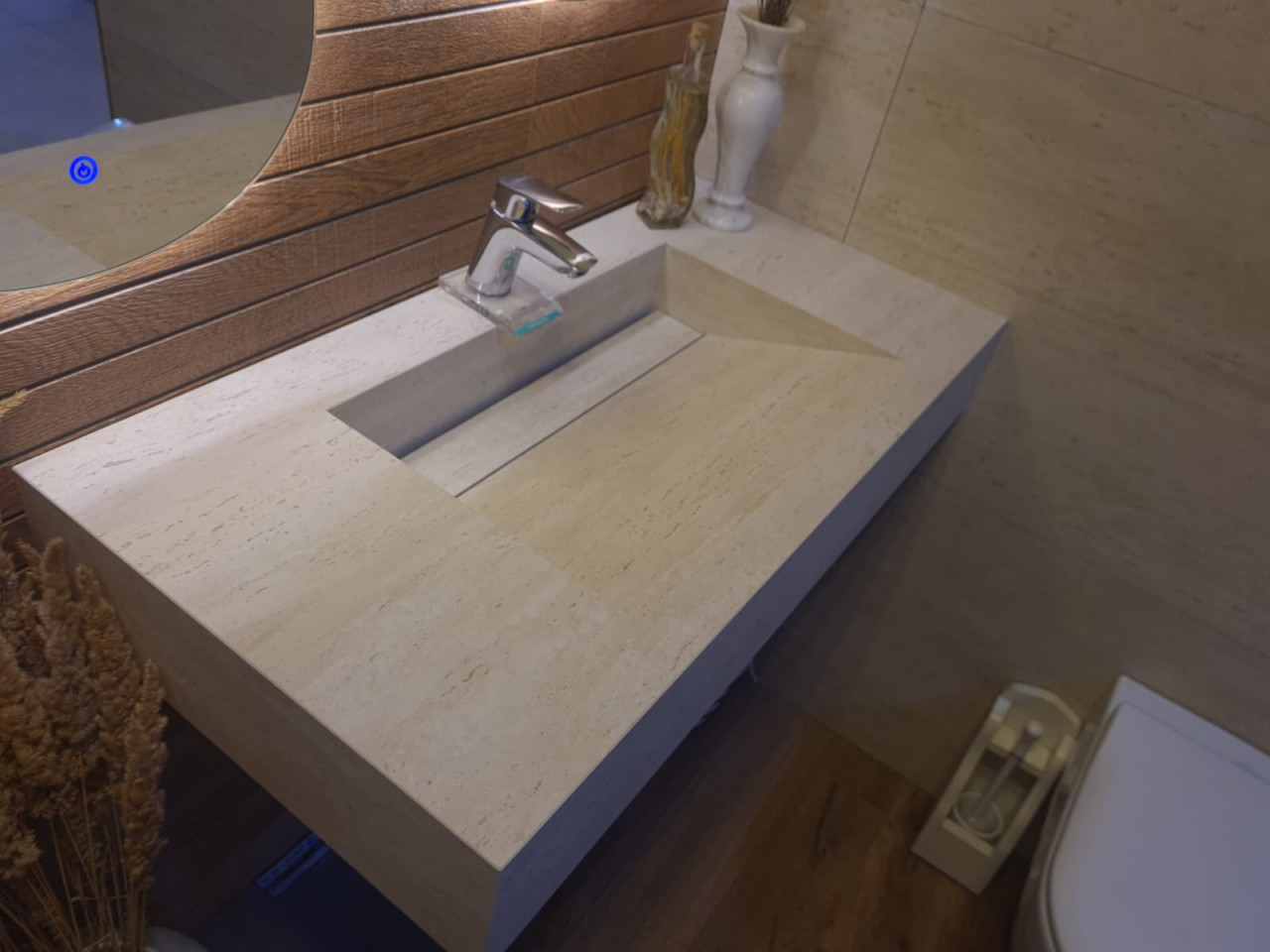 Lavoar baie pe blat Marvel Travertine Vein , dreptunghiular, crem din ...