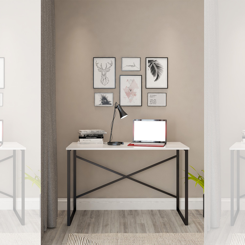 Birou office design industrial, Practico, metal si pal, alb