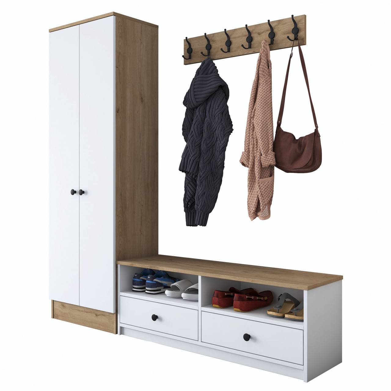 Dulap multifunctional cu spatii de depozitare, cuier si pantofar, Bedis