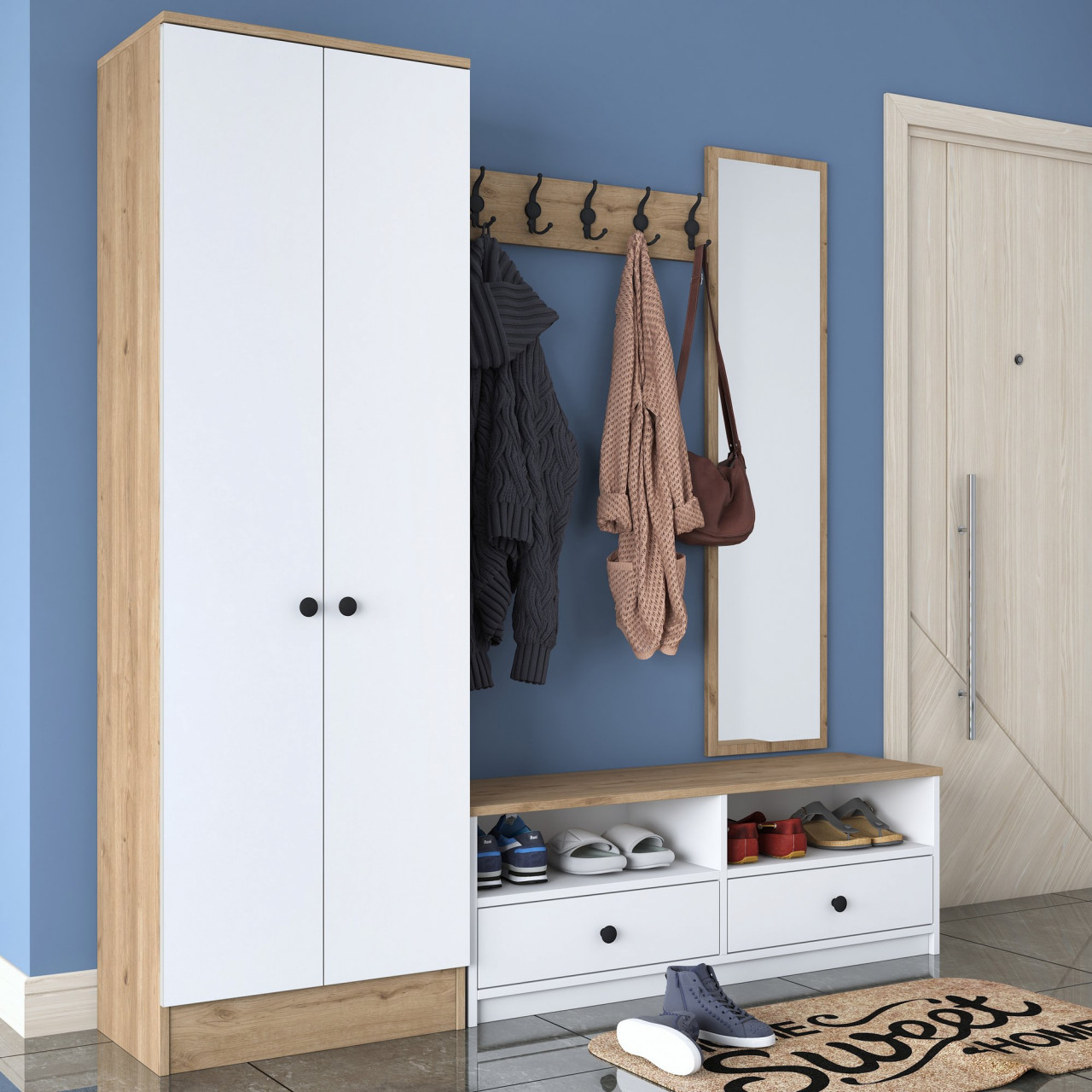 Dulap multifunctional cu spatii de depozitare, pantofar, cuier, oglinda ...