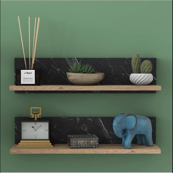 Ansamblu cu polite pentru perete, nuc-negru marmorat, 60x15x13cm, Rafi-Deco