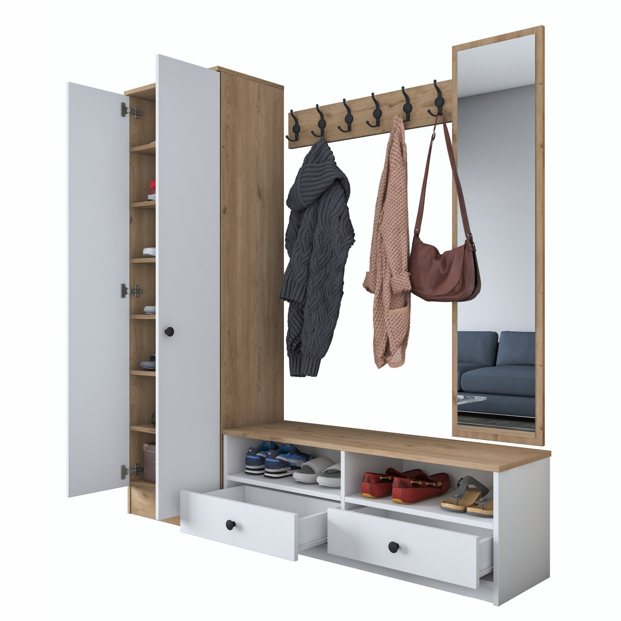 Dulap multifunctional cu spatii de depozitare, pantofar, cuier, oglinda ...