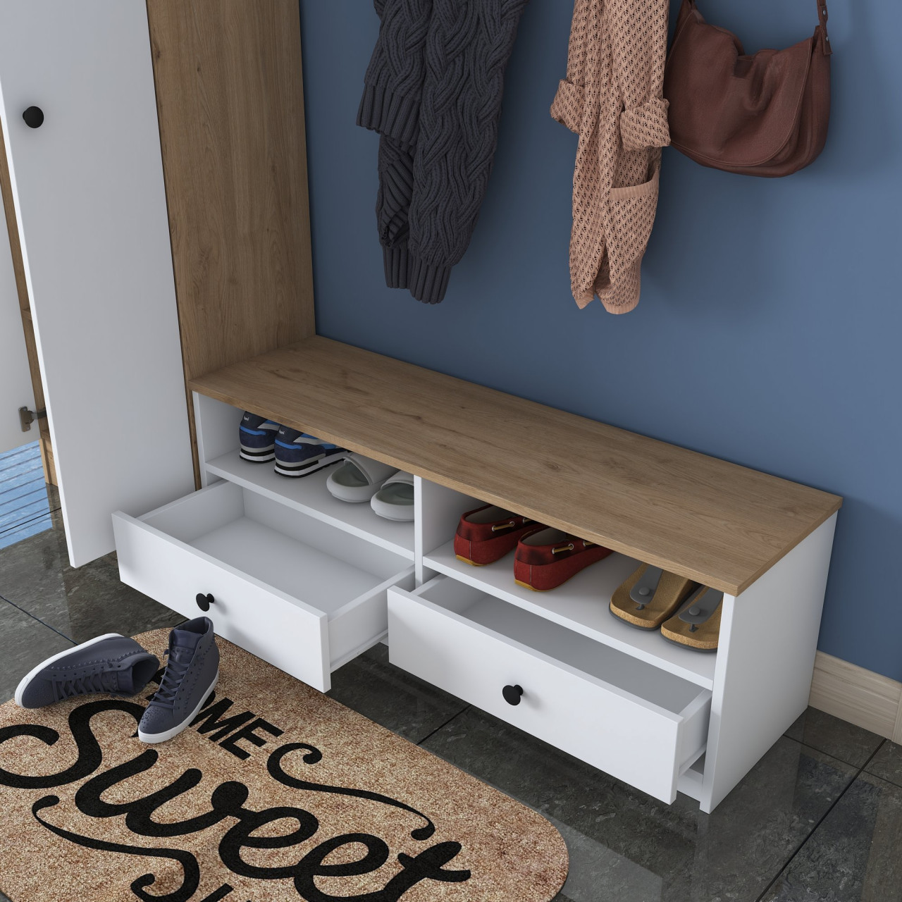 Dulap multifunctional cu spatii de depozitare, cuier si pantofar, Bedis