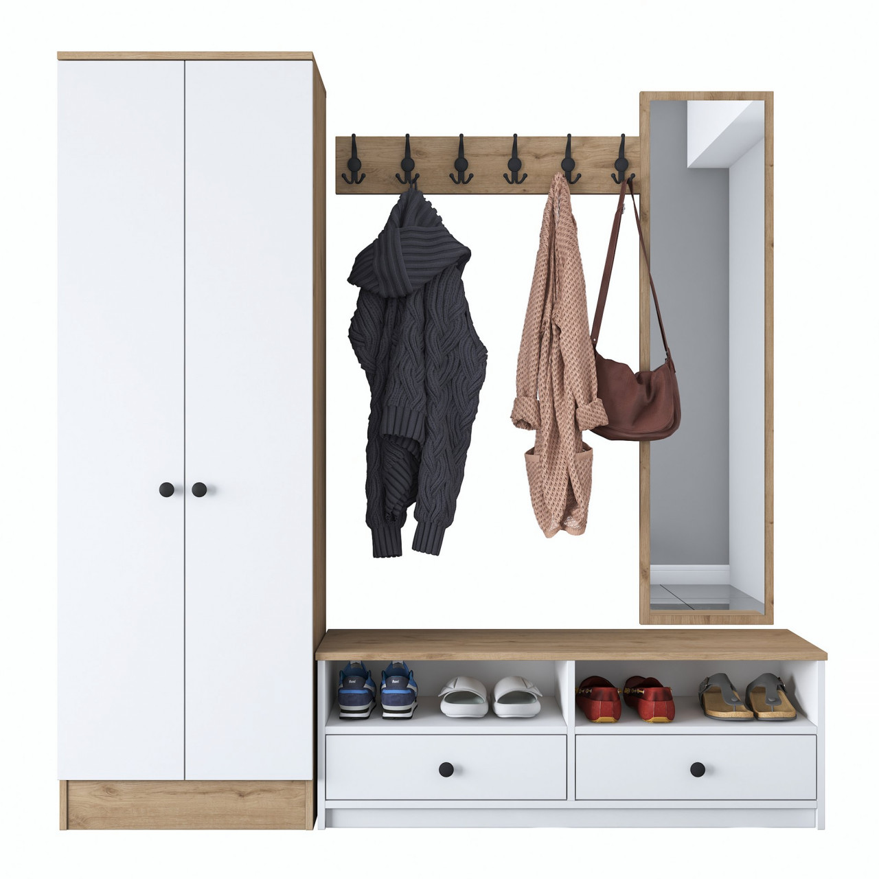 Dulap multifunctional cu spatii de depozitare, pantofar, cuier, oglinda ...