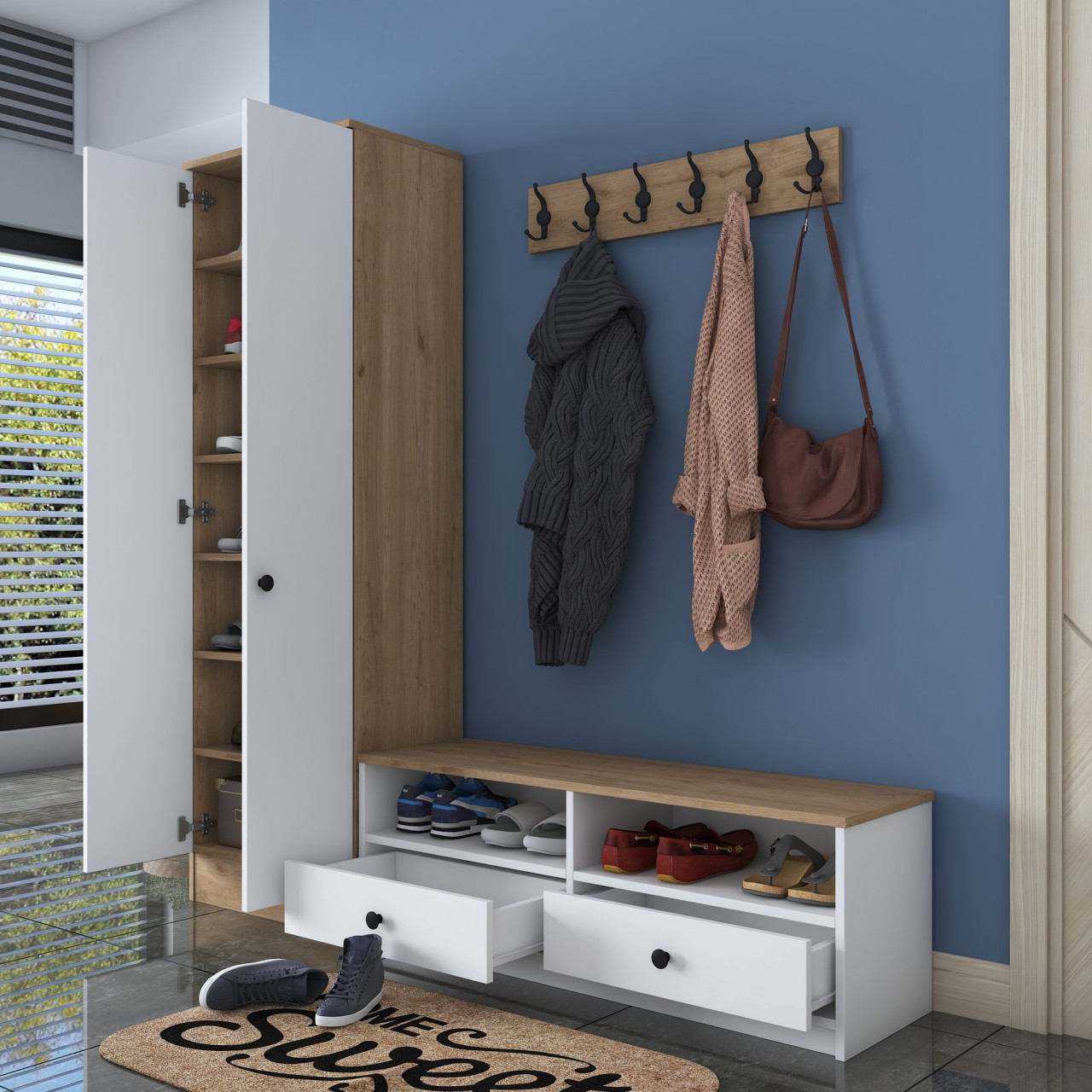 Dulap multifunctional cu spatii de depozitare, cuier si pantofar, Bedis