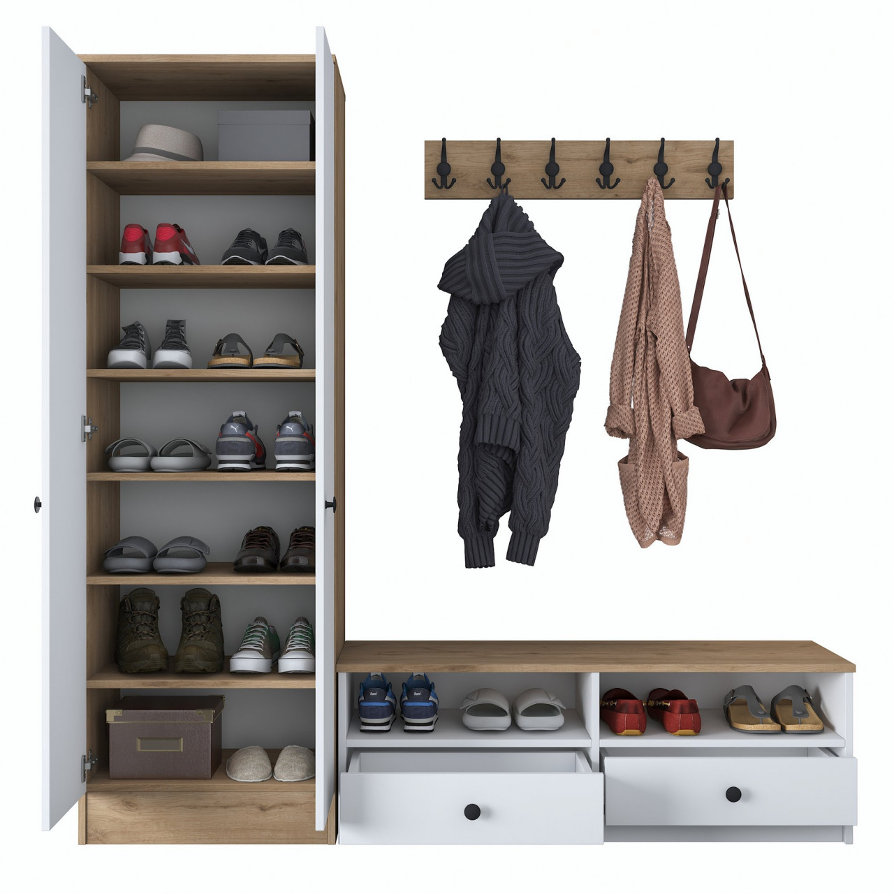 Dulap multifunctional cu spatii de depozitare, cuier si pantofar, Bedis