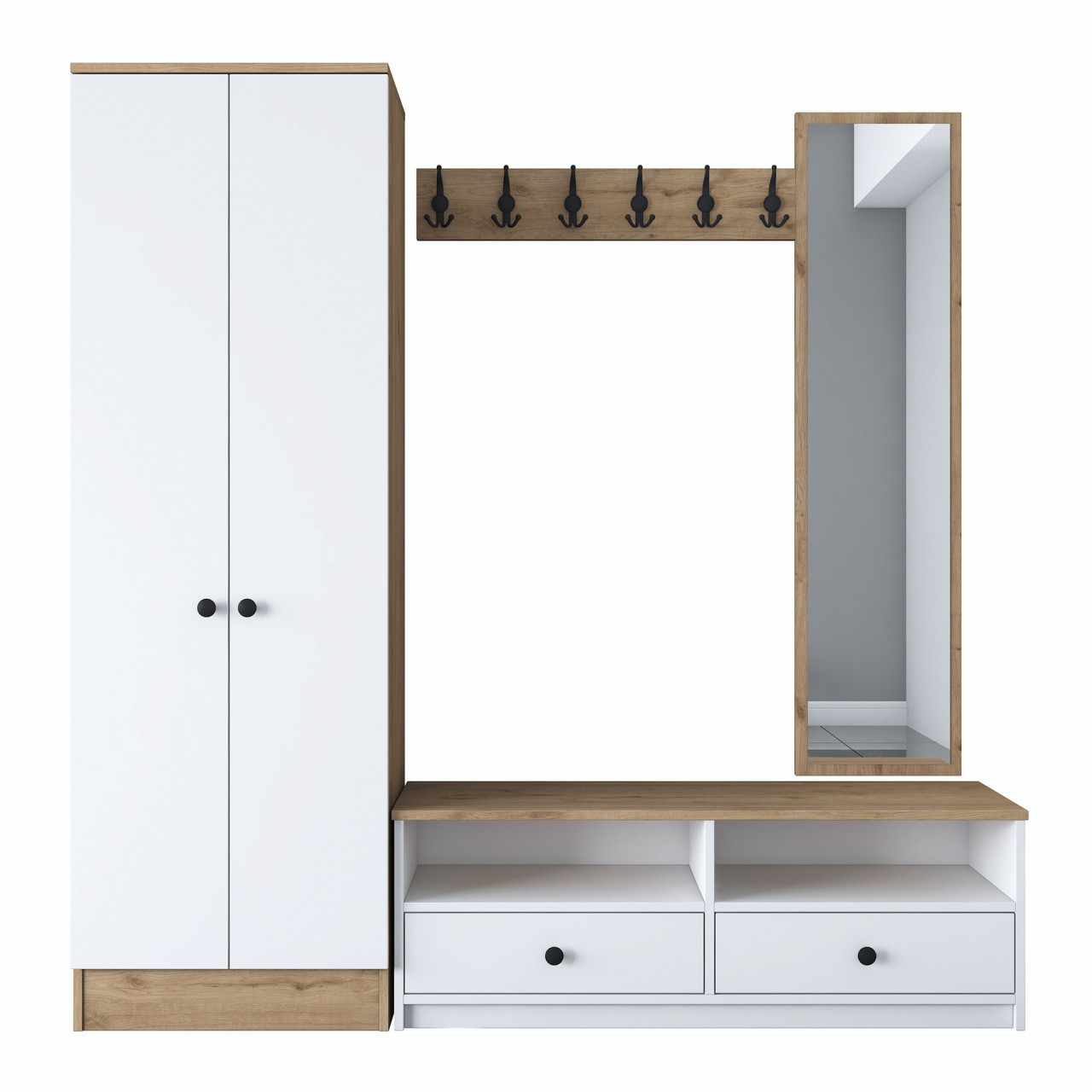 Dulap multifunctional cu spatii de depozitare, pantofar, cuier, oglinda ...