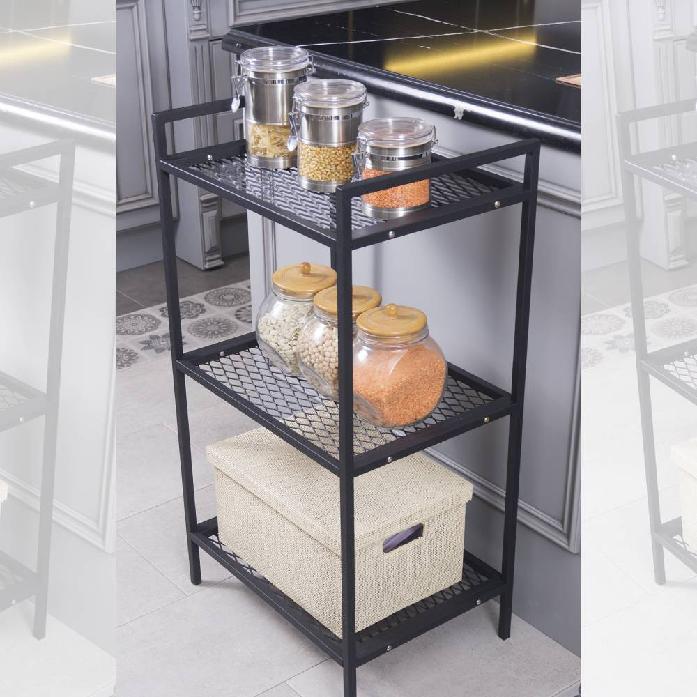 Raft pentru baie, cadru metalic si aspect industrial, 3 polite, negru ...