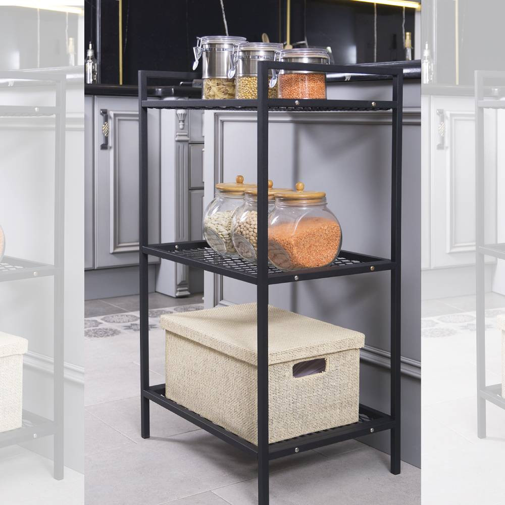 Raft pentru baie, cadru metalic si aspect industrial, 3 polite, negru ...