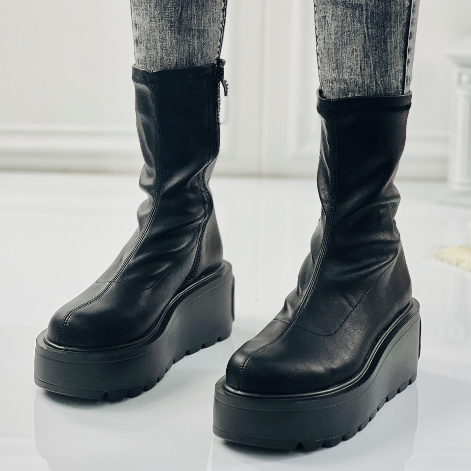 Ghete Dama cu Platforma Negre din Piele Ecologica Borney