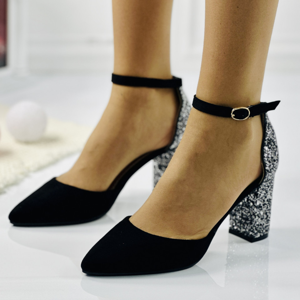 Pantofi cu Toc Gros Negri din Piele Ecologica Feriola