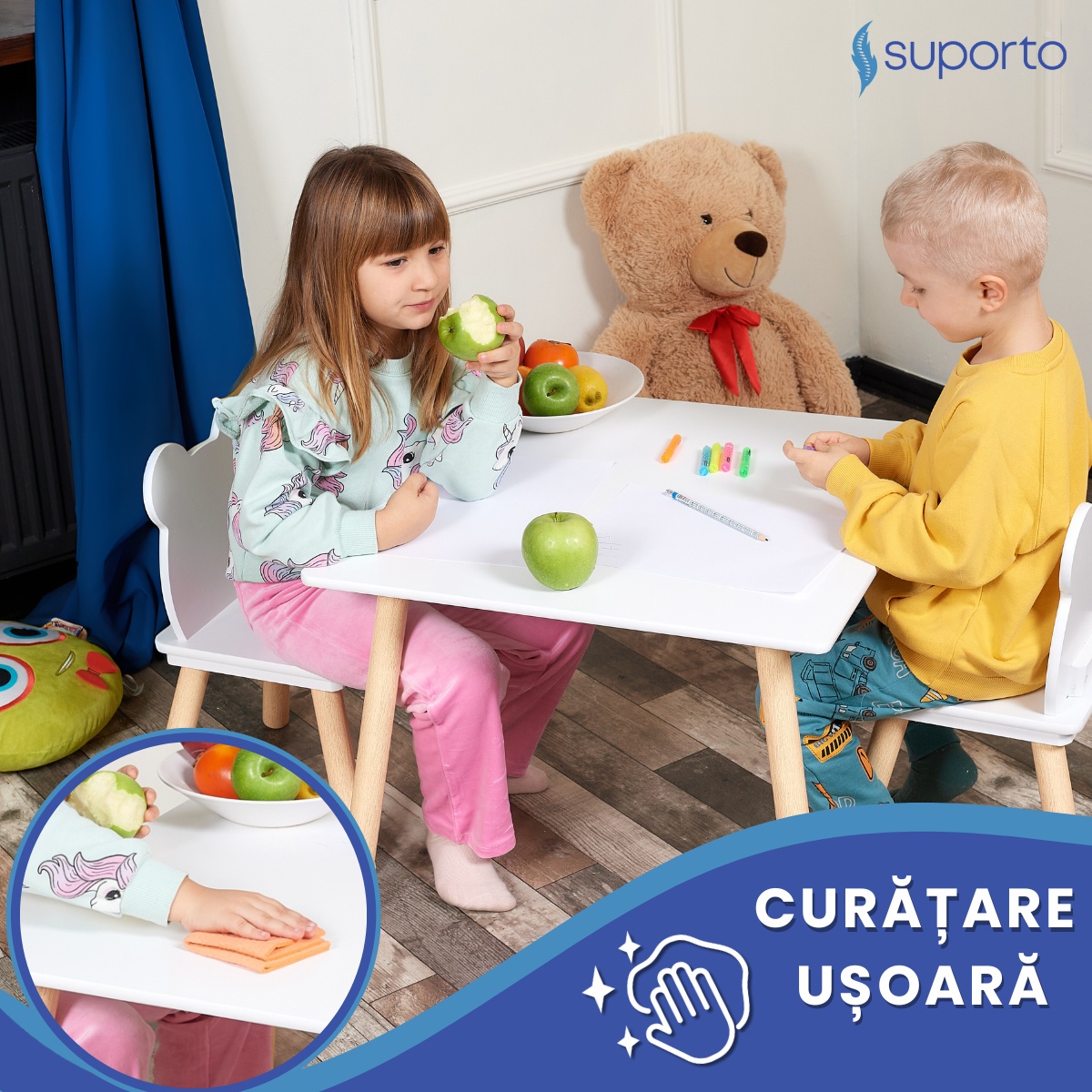 Set Masa si 2 Scaune Suporto pentru Copii din Lemn MDF - Suporto.ro