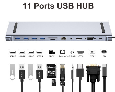 FastAsia adapter TIP-C HUB na 4xUSB +SD/micro+RJ45+HDMI+ VGA+ PD+ Audio ...