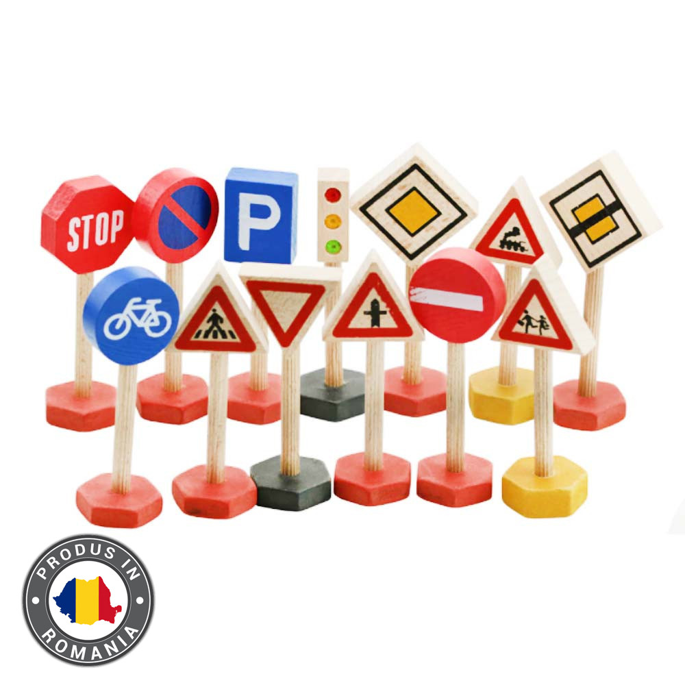 Joc educativ din lemn cu semne si indicatoare de circulatie, 13 piese ...