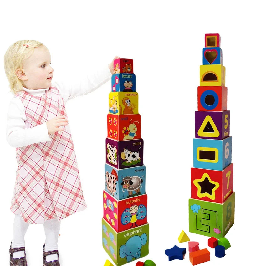 Turn Montessori 8 cuburi din lemn, cifre, animele si forme geometrice