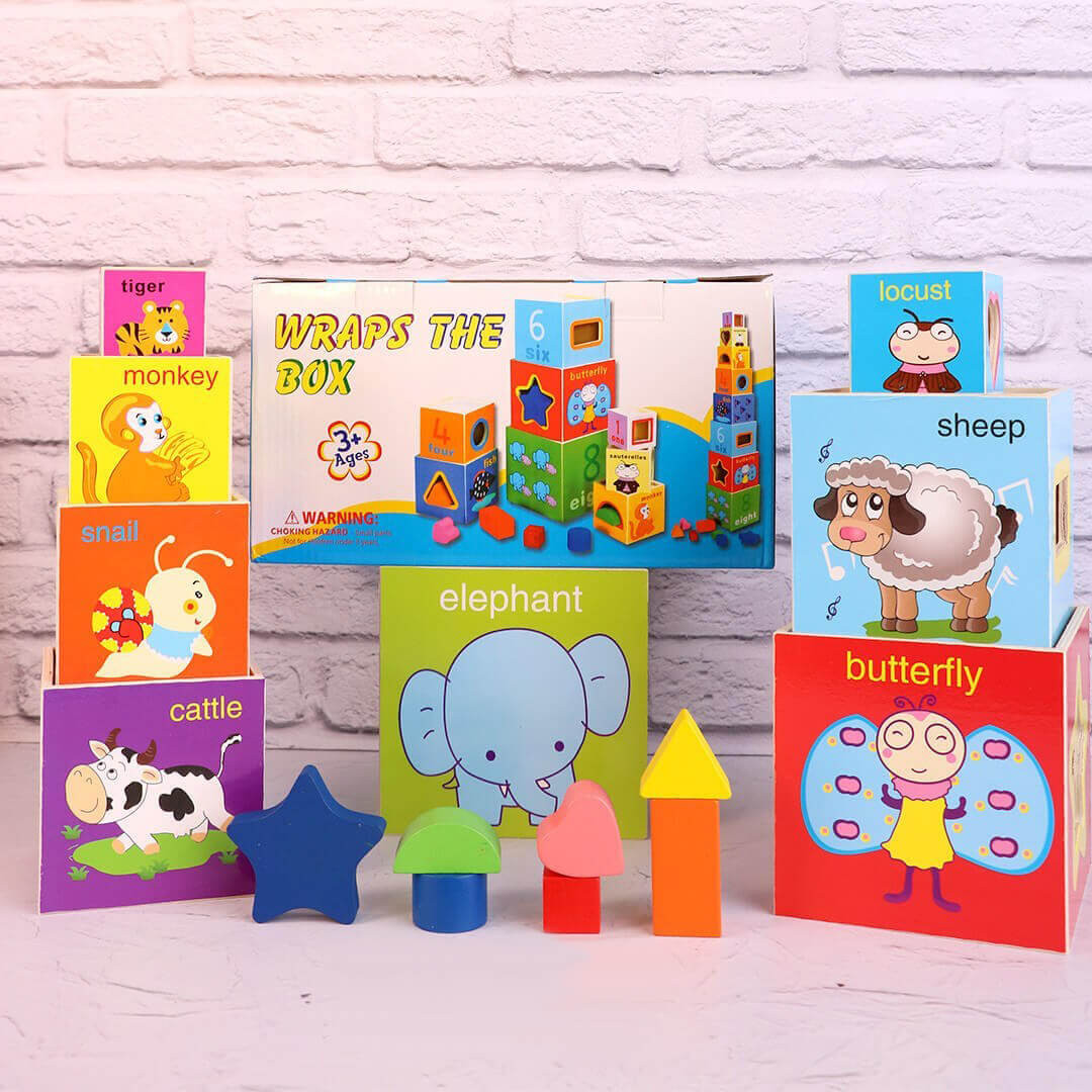 Turn Montessori 8 cuburi din lemn, cifre, animele si forme geometrice