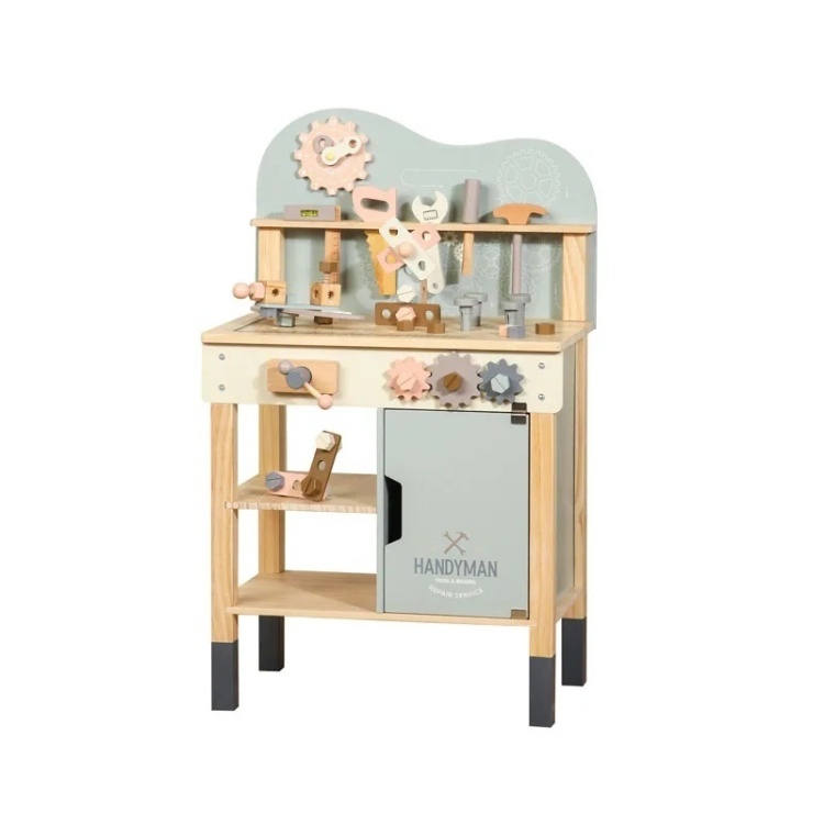 Banc de scule din lemn cu accesorii incluse si dulapior depozitare