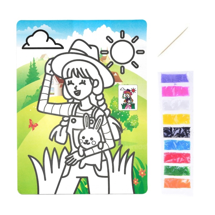 Desen cu nisip colorat, 9 culori, Fetita cu iepuras