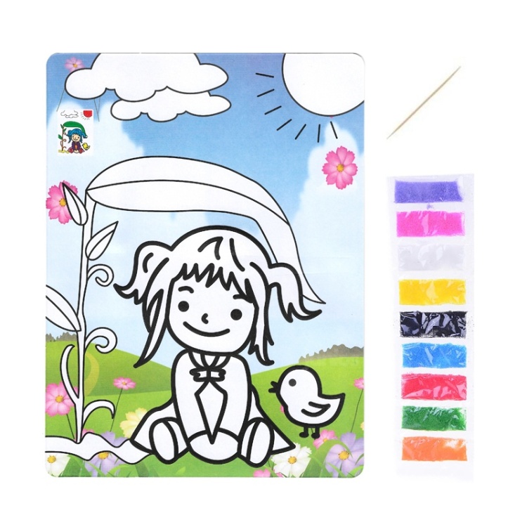 Desen cu nisip colorat, 9 culori, Fetita pe pajiste