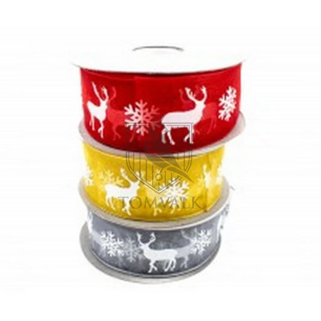 Panglica organza Imprimeu cu reni si fulgi de nea - ARGINTIU