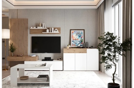 Living cu Riflaje, Rebeca Plus, 250 X 200 X 42 CM, Stejar Artizan + Alb