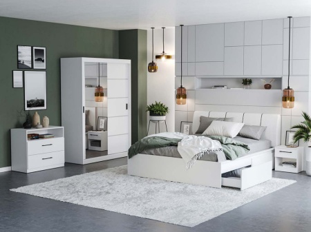 Set Dormitor Val, Alb Tapitat, cu Dressing 2 Usi Oglinda/Alb