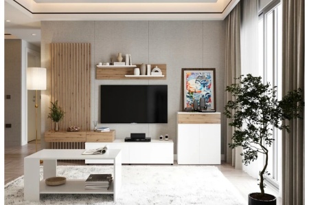 Living cu Riflaje, Rebeca Plus, 250 X 200 X 42 CM, Stejar Artizan + Alb