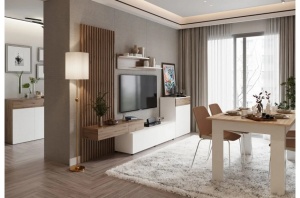 Living cu Riflaje, Rebeca Plus, 250 X 200 X 42 CM, Stejar Artizan + Alb