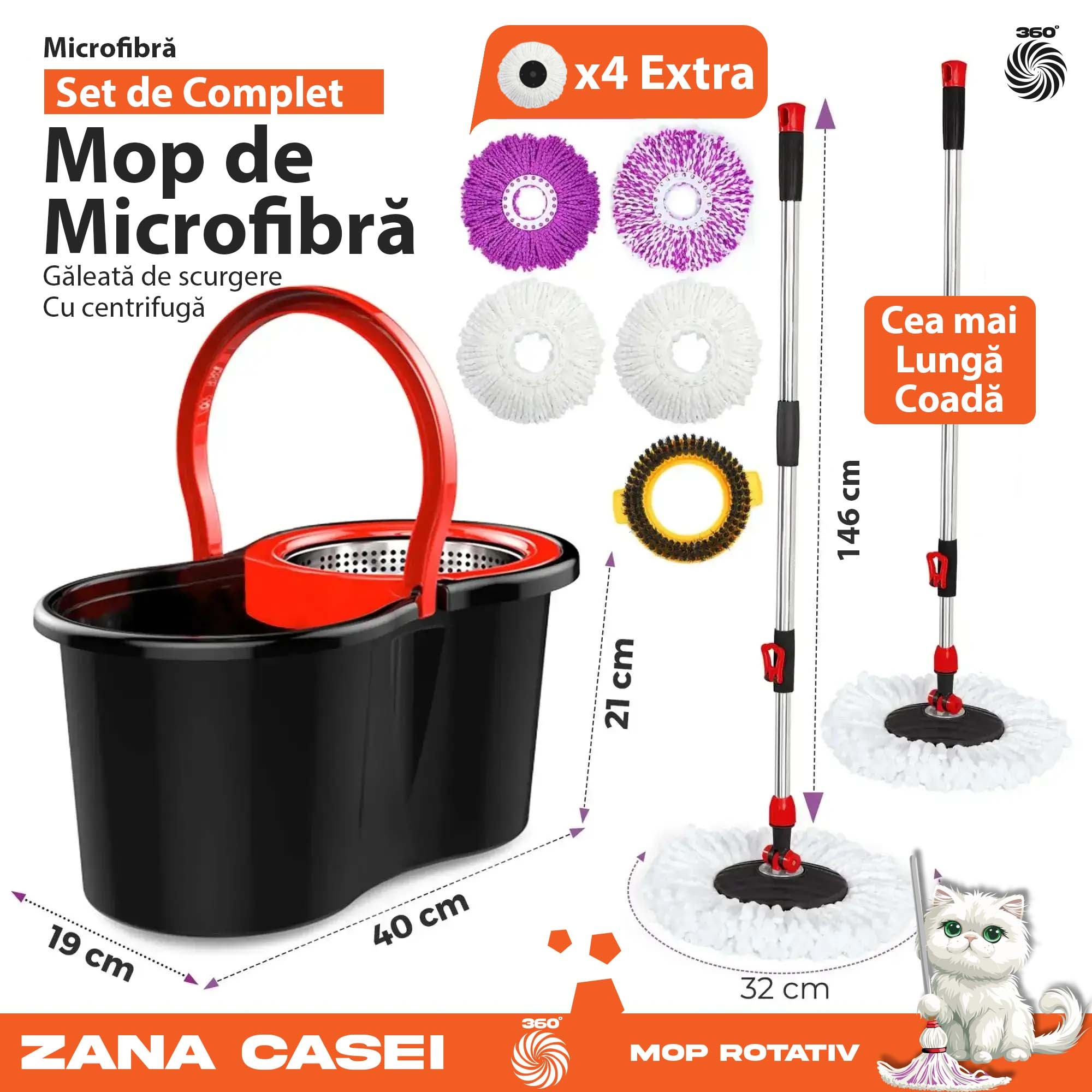 Set Mop Rotativ Zana Casei, Cuva din Inox, 4 Rezerve Diferite + Perie ...