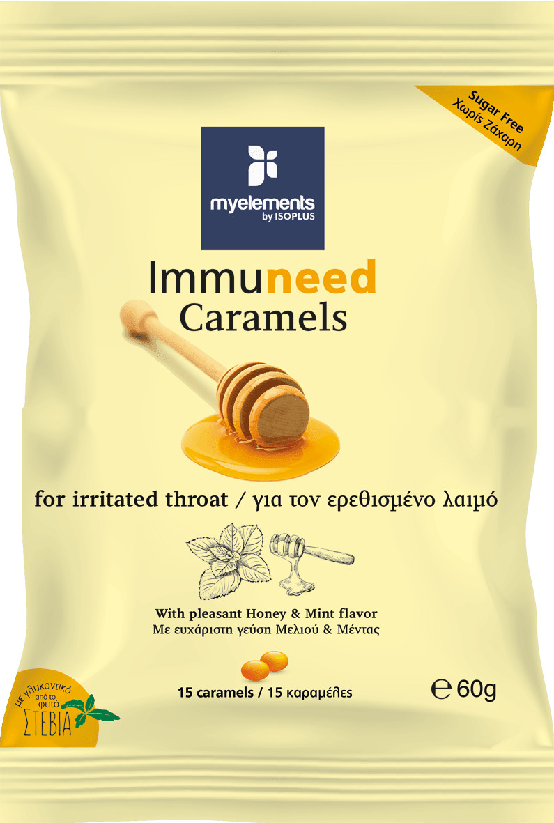 Immuneed Caramels - Dropsuri pentru gat iritat cu gust de Miere & Menta 60g