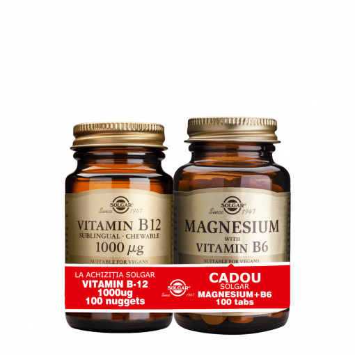 Pachet Vitamin B-12 1000 ug nuggets 100s + Magnesium cu B6 100 tablete ...