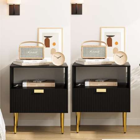 NON14 - Set 2 Noptiere 50 cm, cu 1 sertar, dormitor - Negru-Auriu